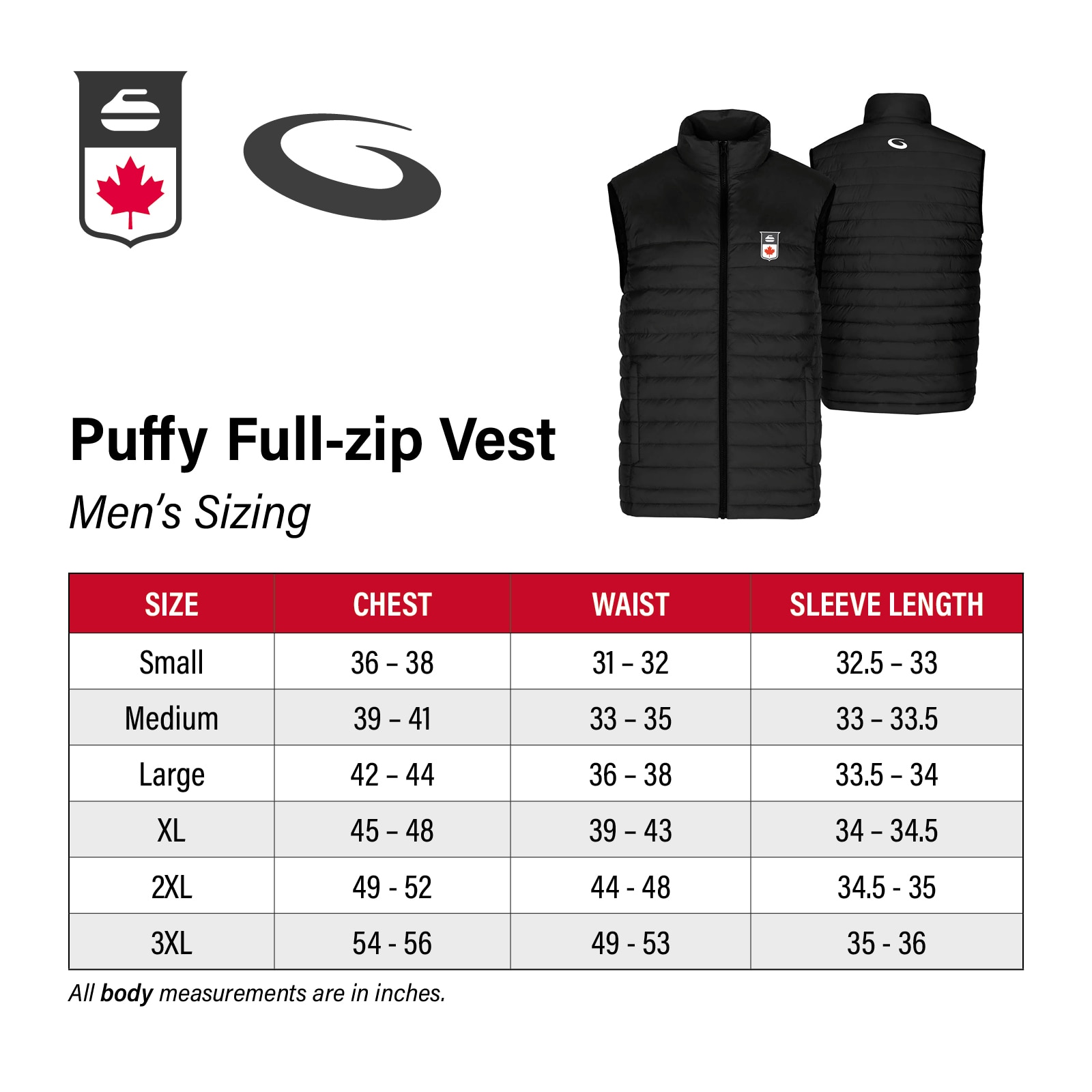 Curling Canada Men's Full Zip Puffer Vest | Goldline Curling Gear and ...